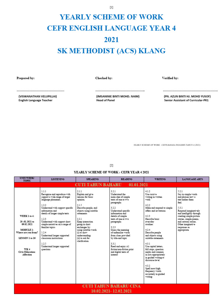 YEARLY SCHEME OF WORK CEFR YEAR 4 2021 | PDF | Information | Comma