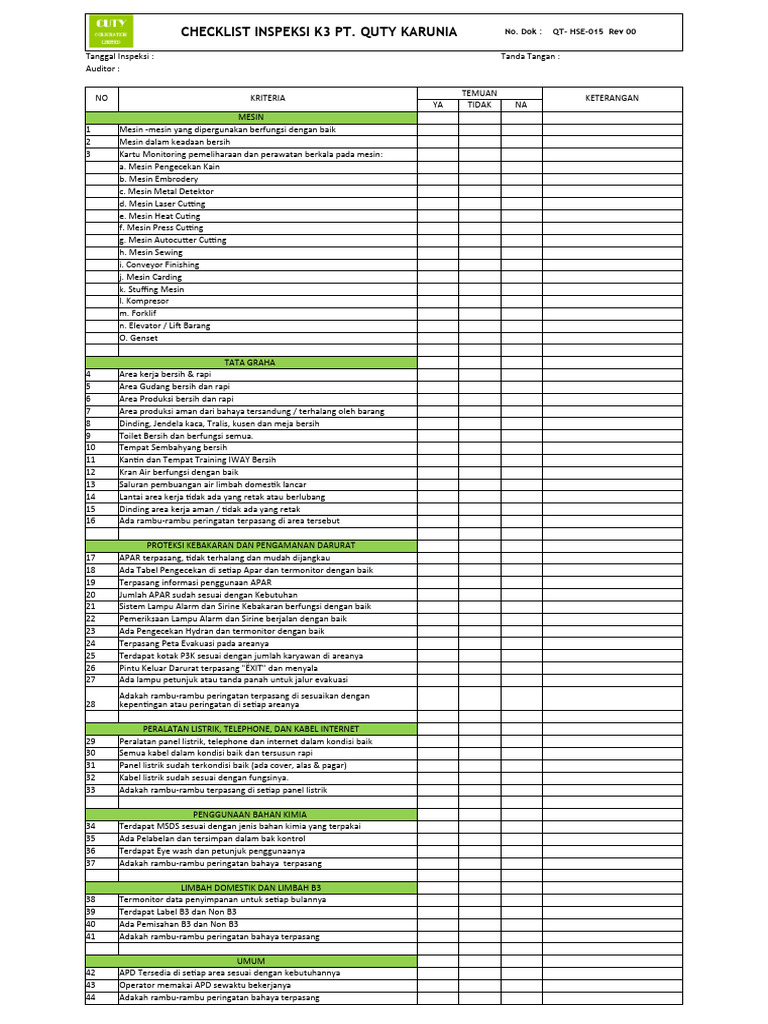 Checklist Inspeksi K3 Pt. Quty Karunia | PDF