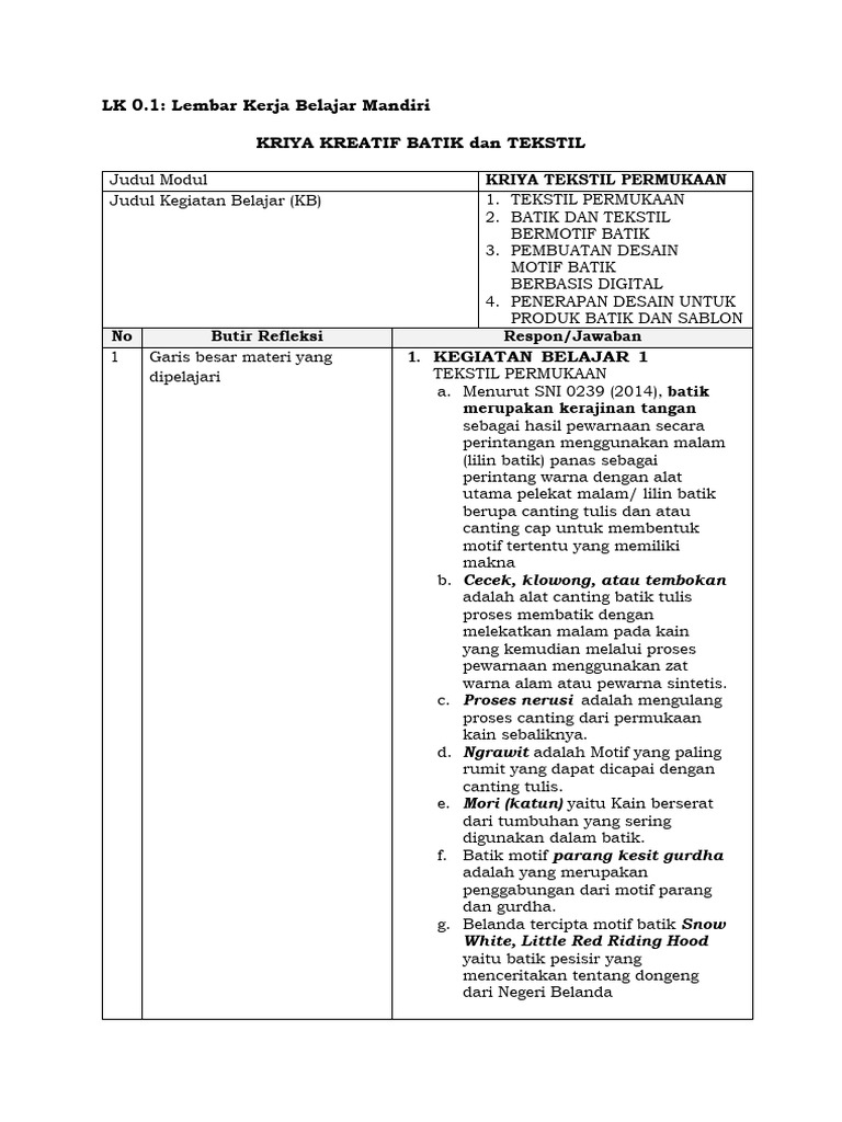 LK 0.1 MODUL 1 - KRIYA KREATIF BATIK Dan TEKSTIL - Tunggul | PDF