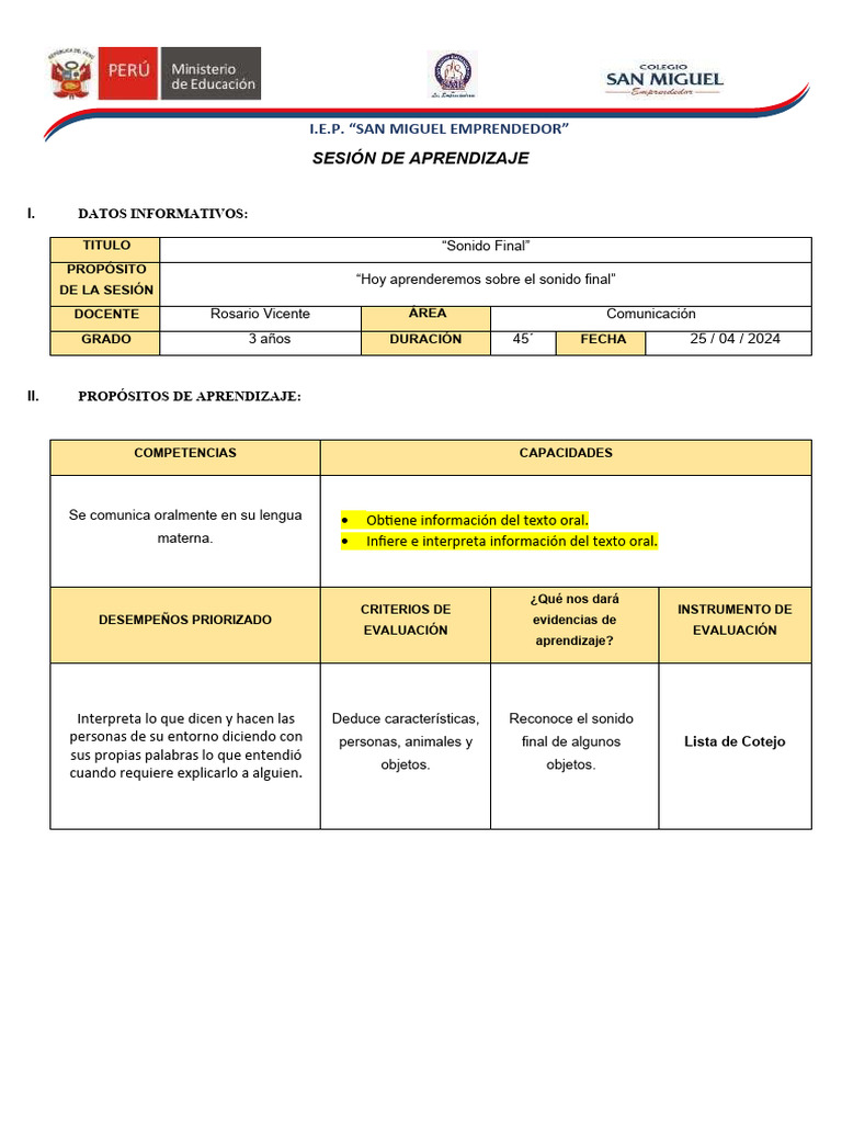 Aprendizaje del Sonido Final en 3 años | PDF | Aprendizaje | Evaluación