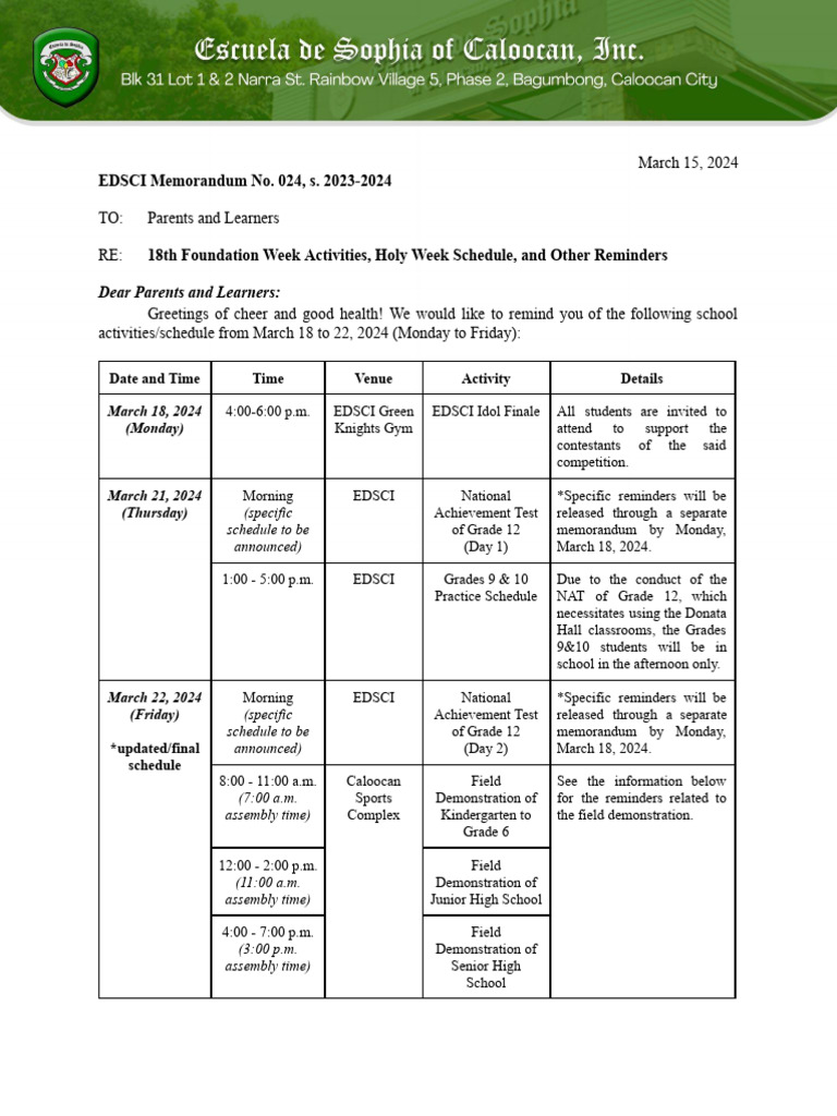 EM No. 024, S. 2023-2024 - 18th Foundation Week Activities, Holy Week ...