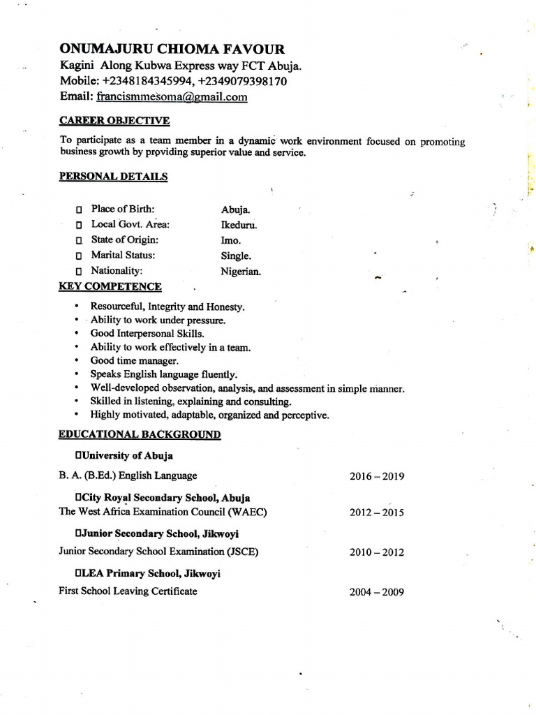 Chioma Favour CV and Documents | PDF