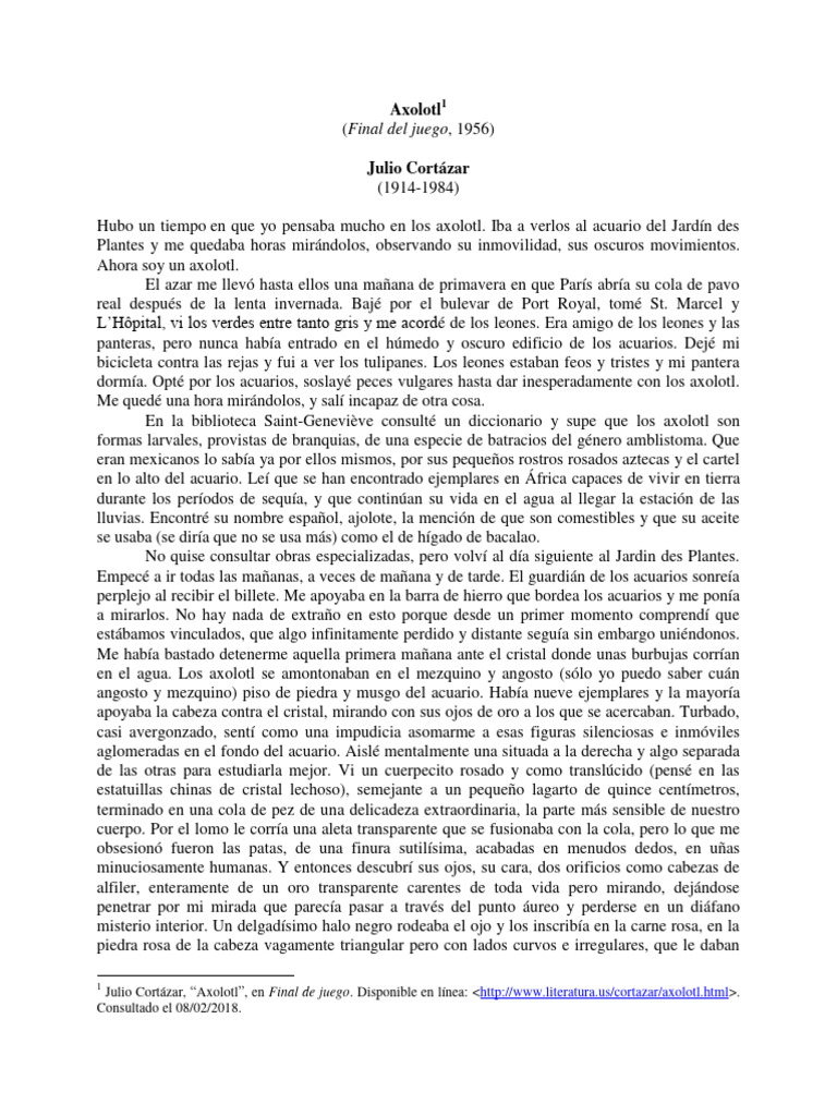 0001.1 Axolotl, Julio Cortázar | PDF | Acuario