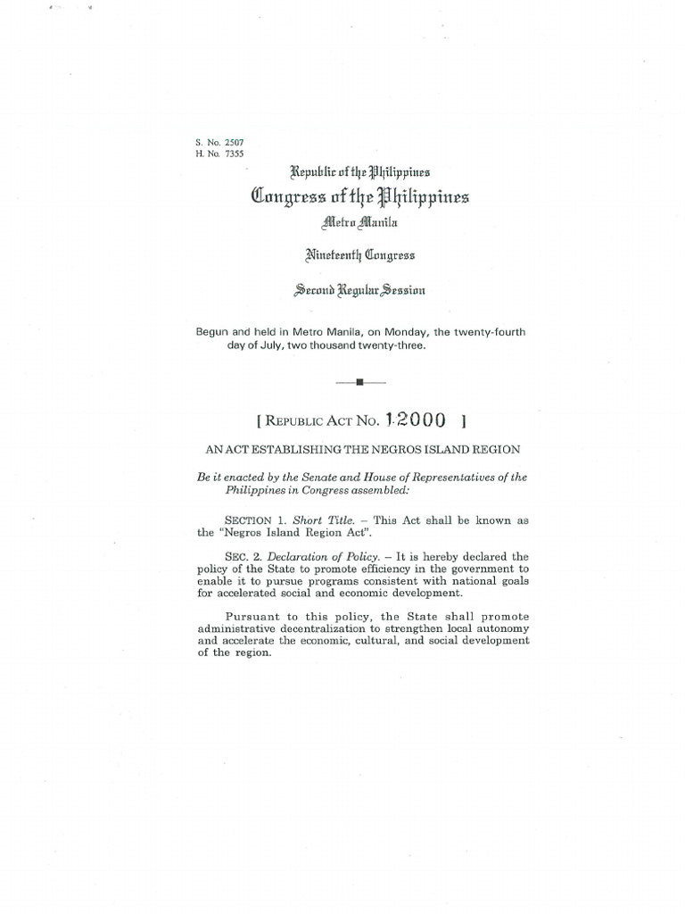 Republic Act 12000 - Establishing Negros Island Region | PDF