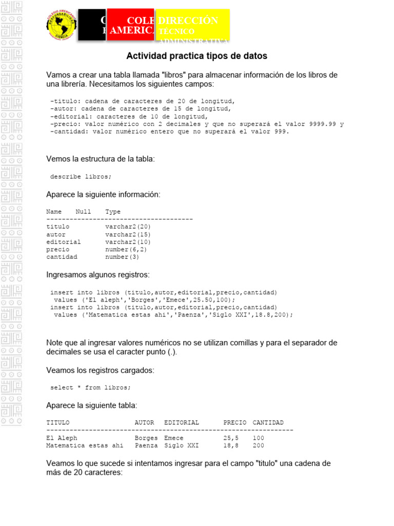 Actividad Practica Tipos de Datos | PDF | Tipo de datos | SQL