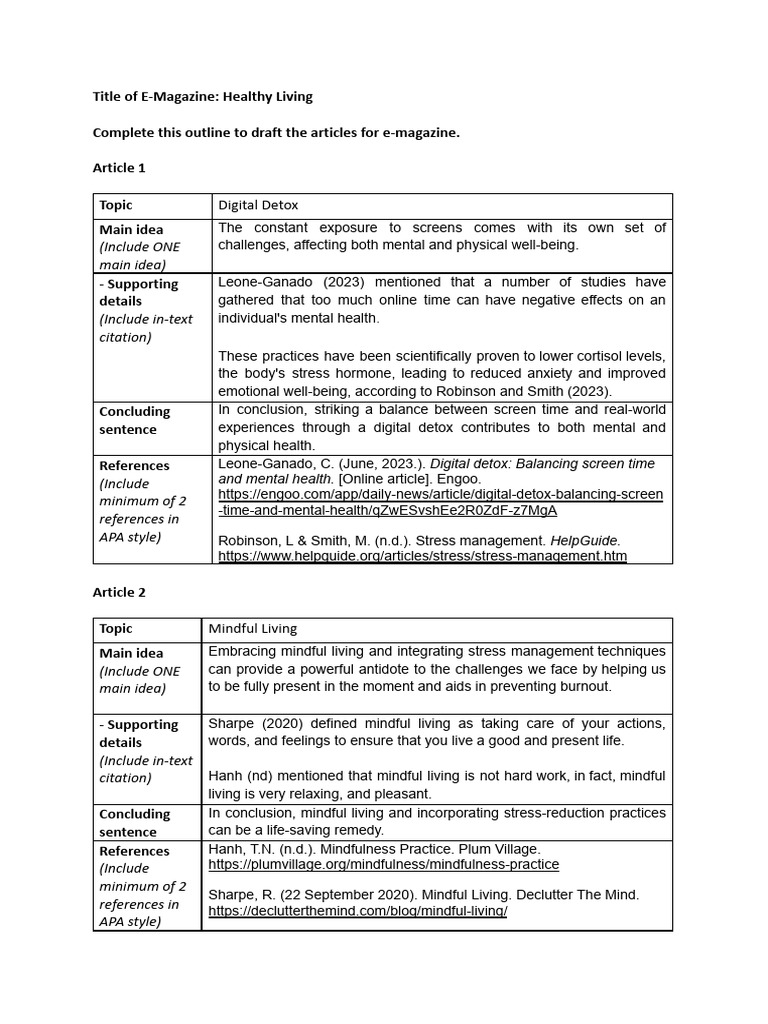 LCC401 Sample of Outline - Healthy Lifestyle E-Magazine | PDF ...