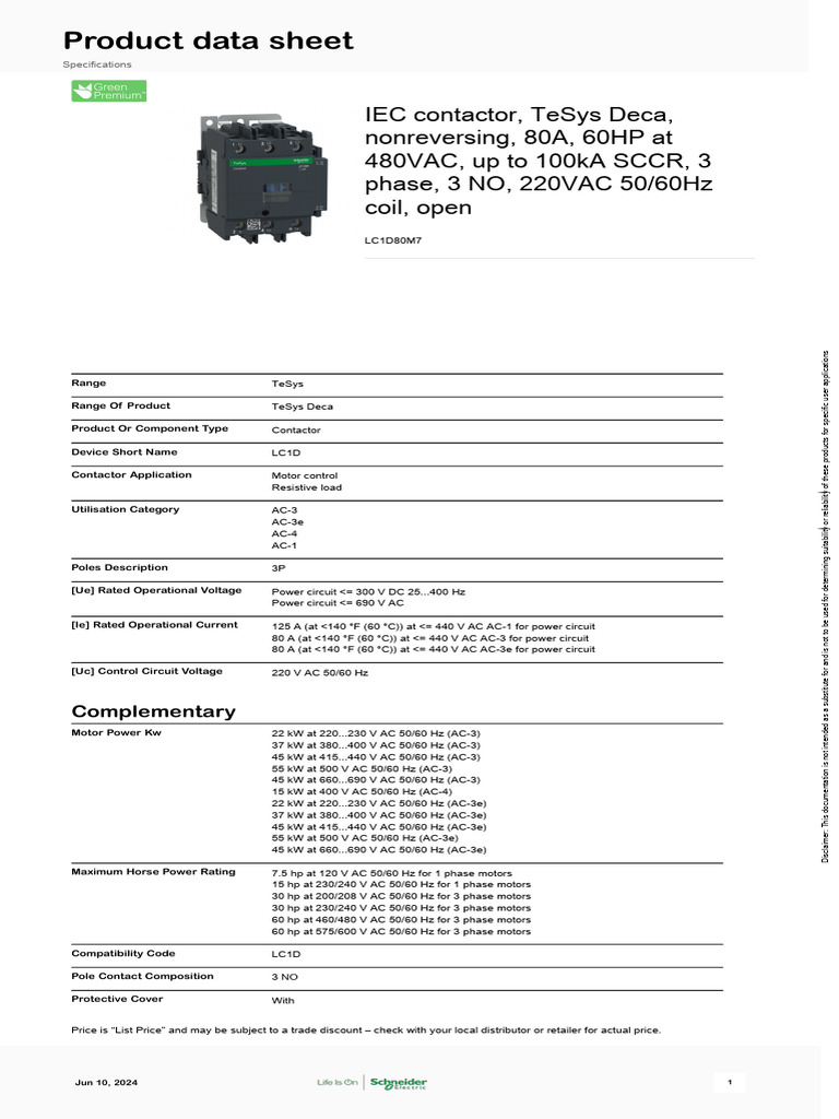 Schneider Electric - TeSys-Deca-Contactors - LC1D80M7 | PDF ...