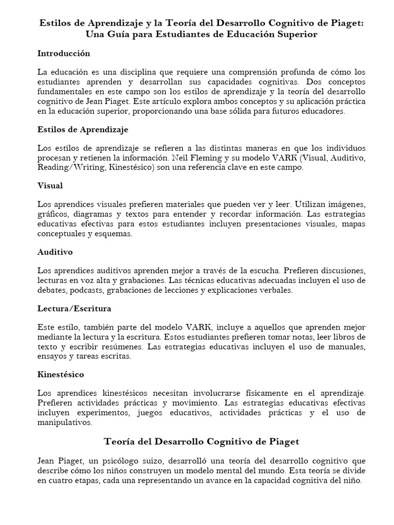 Estilos de Aprendizaje y La Teoría Del Desarrollo Cognitivo de Piaget | PDF | Aprendizaje ...