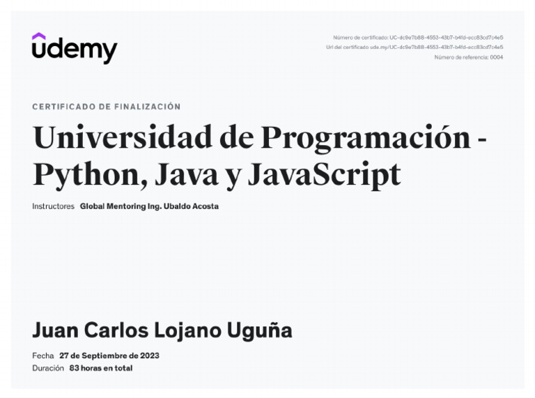 Certificado - Curso - Universidad de Programación - Python, Java y ...