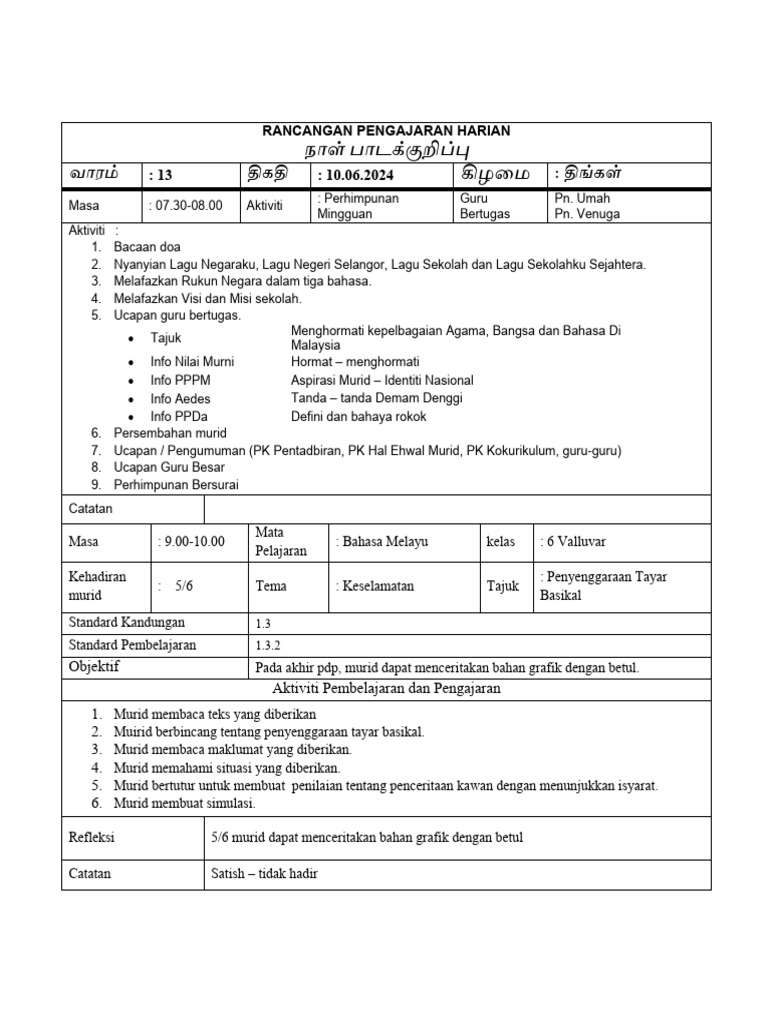 Rancangan Pengajaran Harian:: Objektif Aktiviti Pembelajaran Dan Pengajaran 1. 2. 3. 4. 5. 6 | PDF