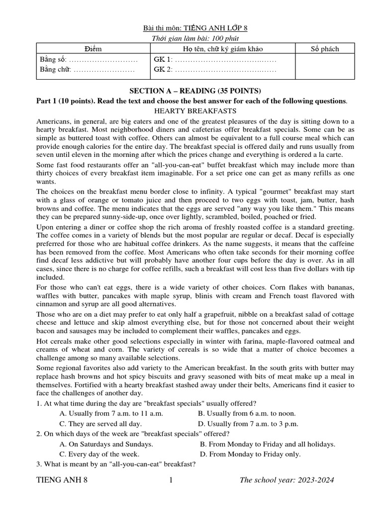 CT2-ĐỀ DOC - HIEU - Anh 8-23-24 | PDF | Coffee | Pancake