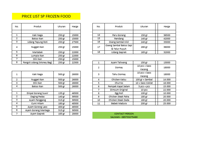 Price List Frozen Food Cuta House | PDF