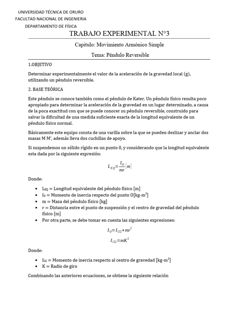 Péndulo Reversible: Gravedad Local | PDF | Péndulo | Movimiento (física)