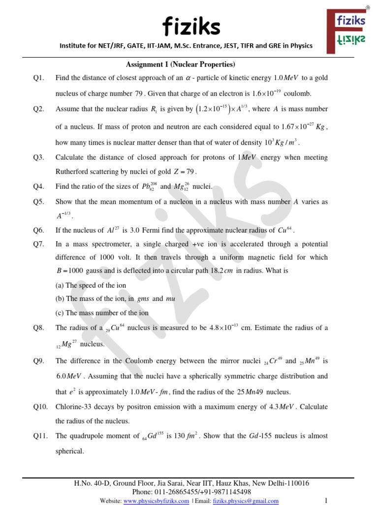Assignment 1 _Nucleuar Properties | Download Free PDF | Atomic Nucleus | Proton