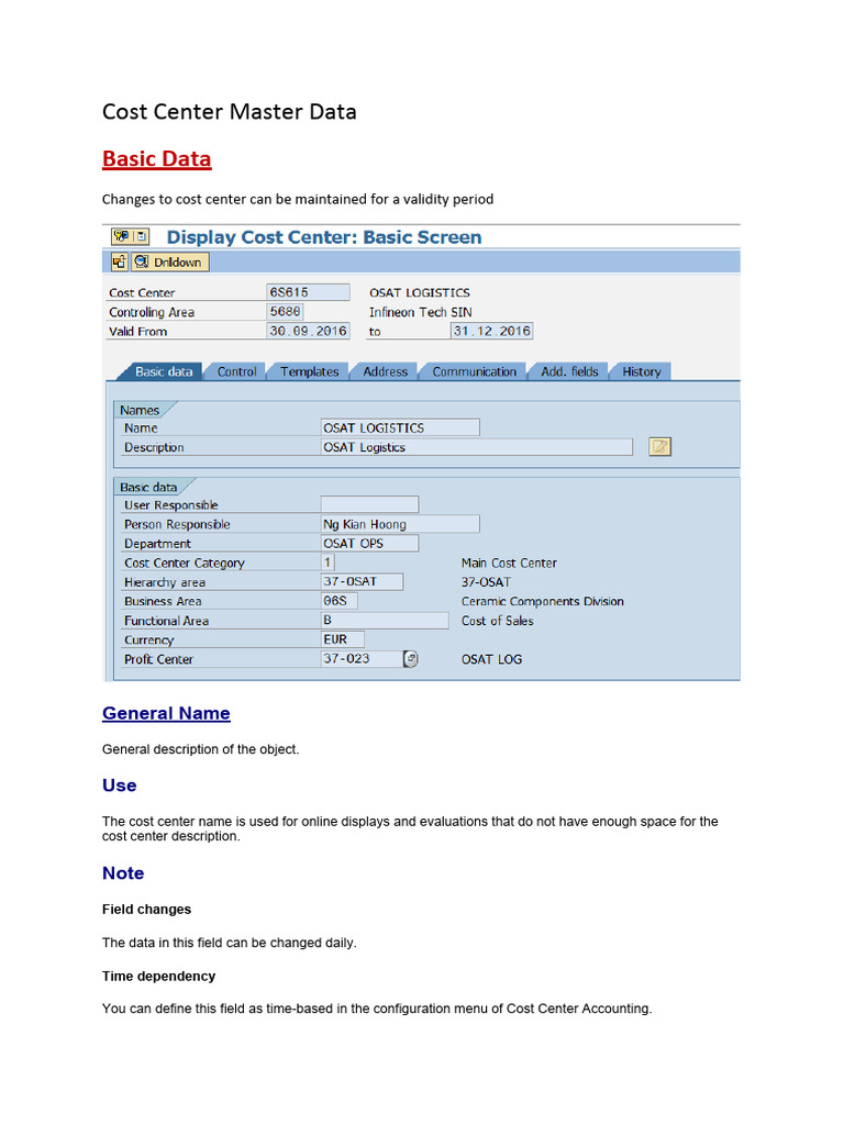Cost Center Master Data | PDF | Cost Of Goods Sold | Income Statement