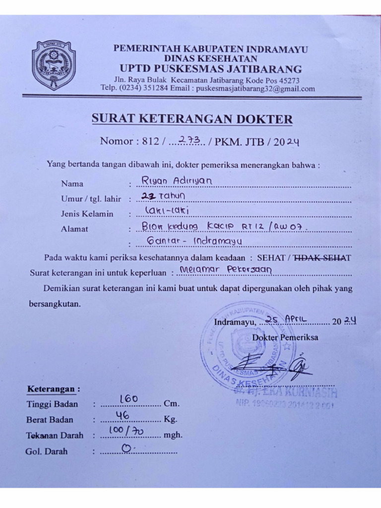 Surat Keterangan Sehat Dan Golongan Darah | PDF