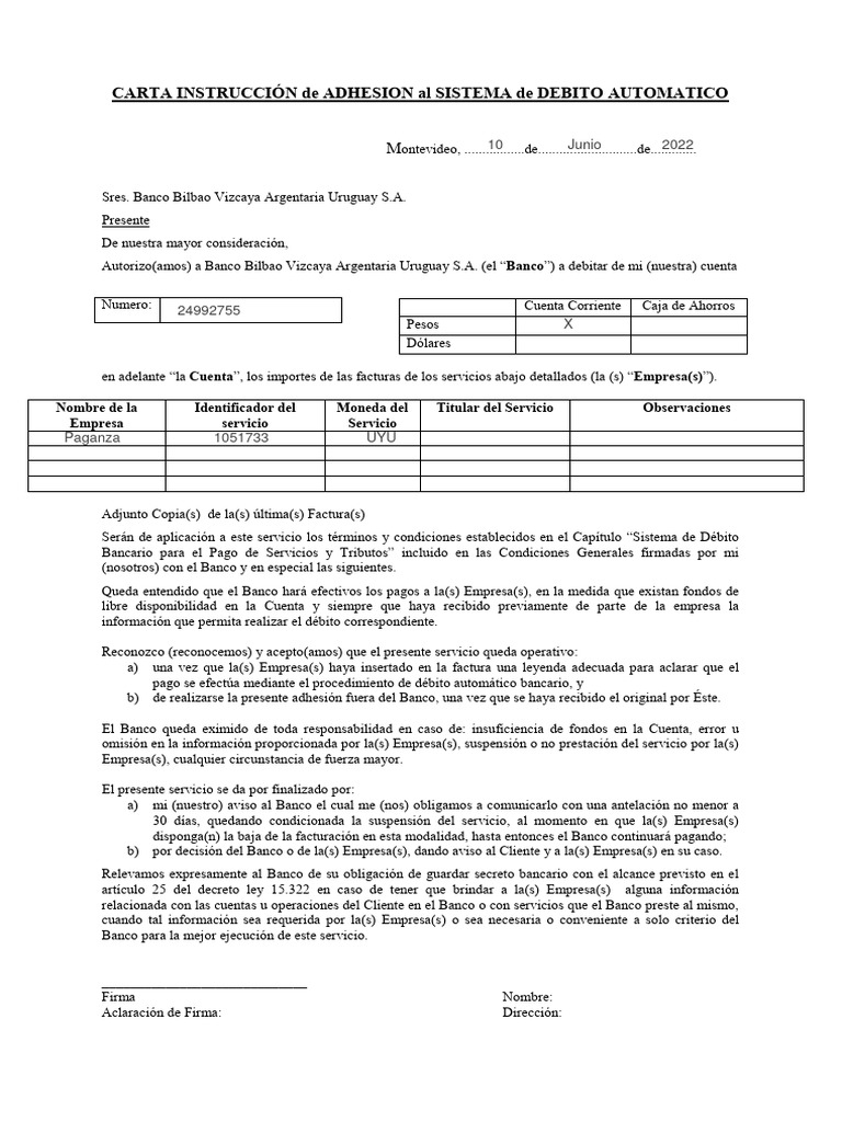 Carta Instrucción de Adhesion Al Sistema de Debito Automatico | PDF | Bancos | Tarjeta de débito