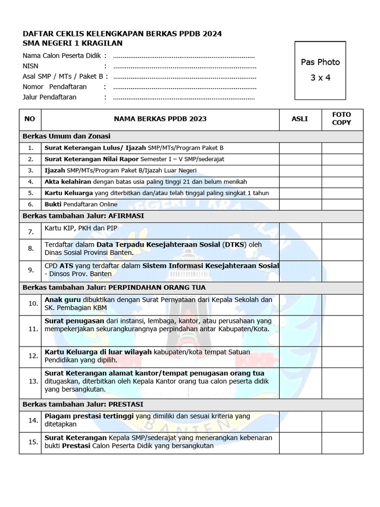 Daftar Ceklis Kelengkapan Berkas PPDB | PDF