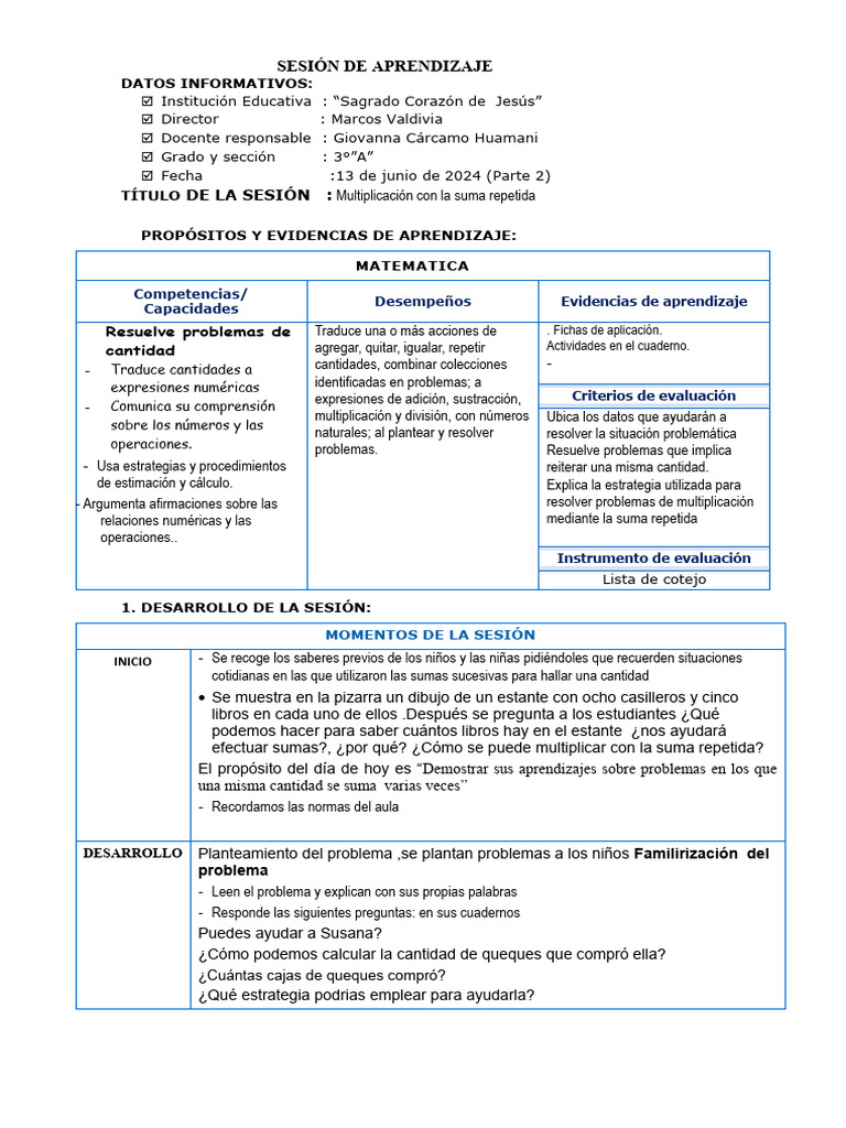 Sesion de Aprendizaje 2 Multiplicamos A Partir de La Suma Repetitiva ...
