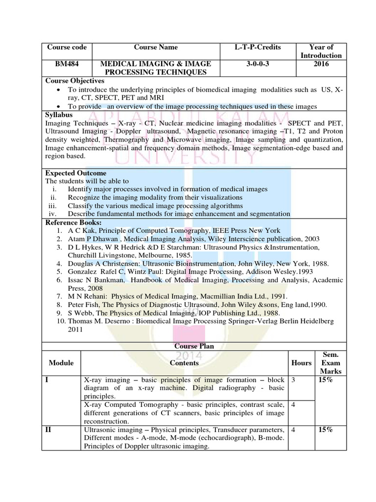 BM484 Medical Imaging & Image Processing Techniques | PDF | Medical Imaging | Magnetic Resonance ...