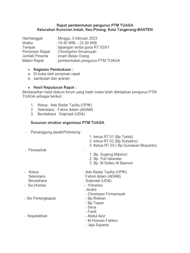 Notulen Rapat Pembentukan Pengurus PTM TUAGA | PDF