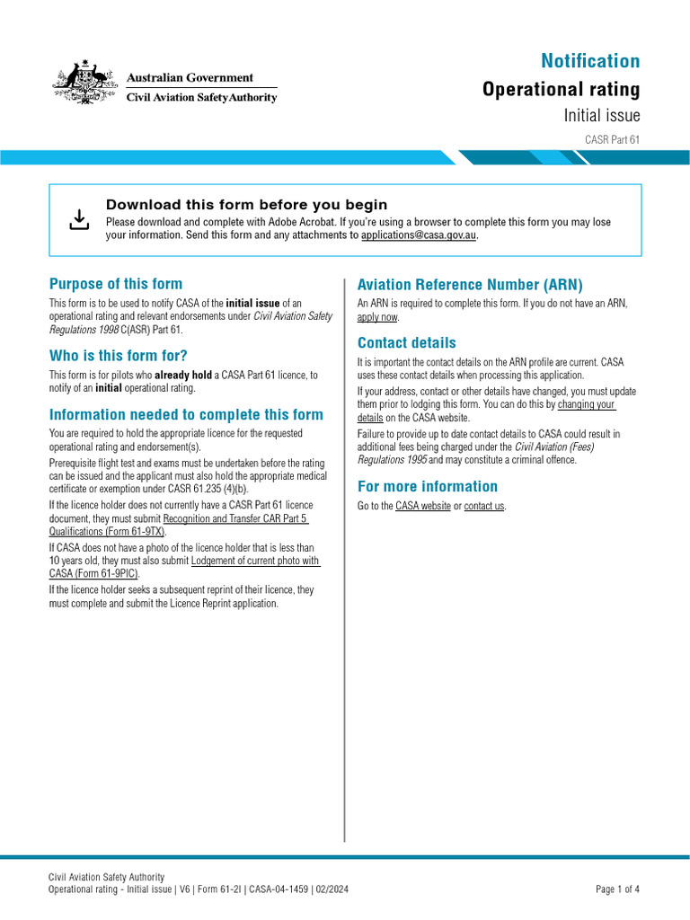 Notification Issue Casr Part 61 Operational Rating Form 61 2i | PDF ...