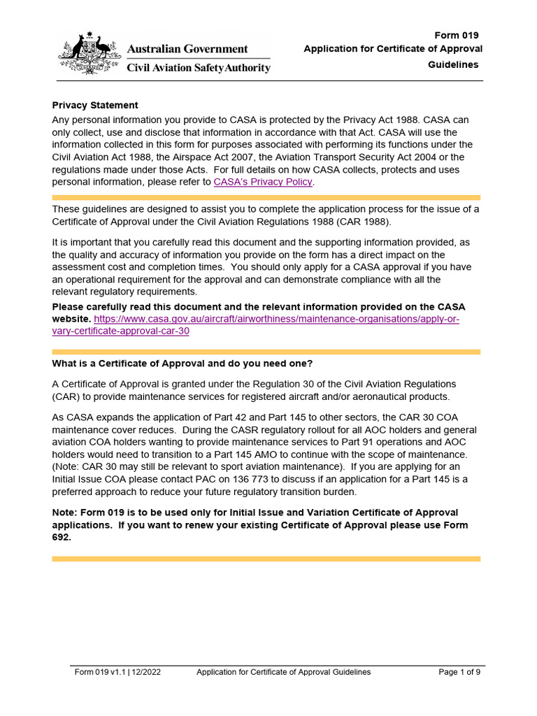 CASA Certificate of Approval Guidelines | PDF