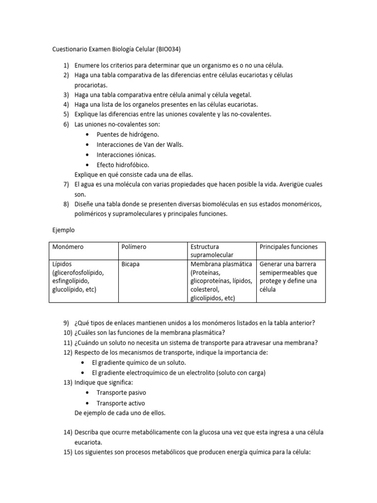Cuestionario Examen Biologia Celular | PDF | Biología Celular) | Adn