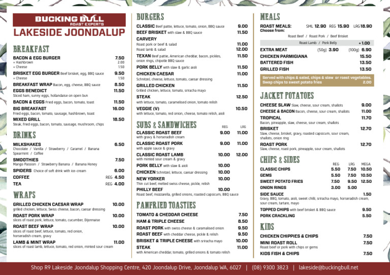 Menu Bucking Bull 210914 Lakeside Joondalup | PDF | Hamburgers | Bacon