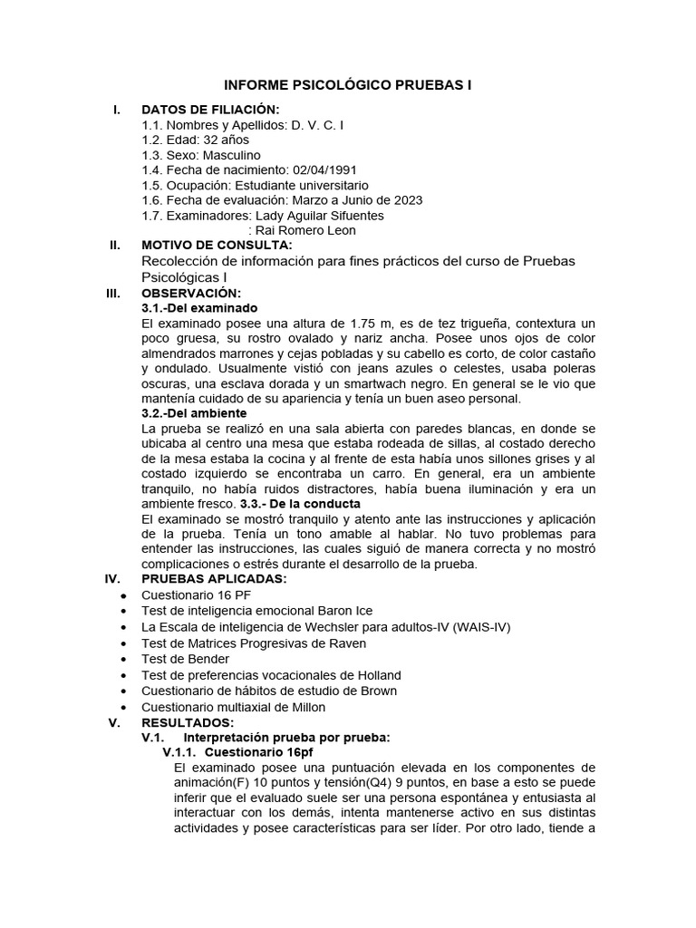Informe Psicológico Pruebas Bateria | Descargar gratis PDF | Cociente de inteligencia | Inteligencia