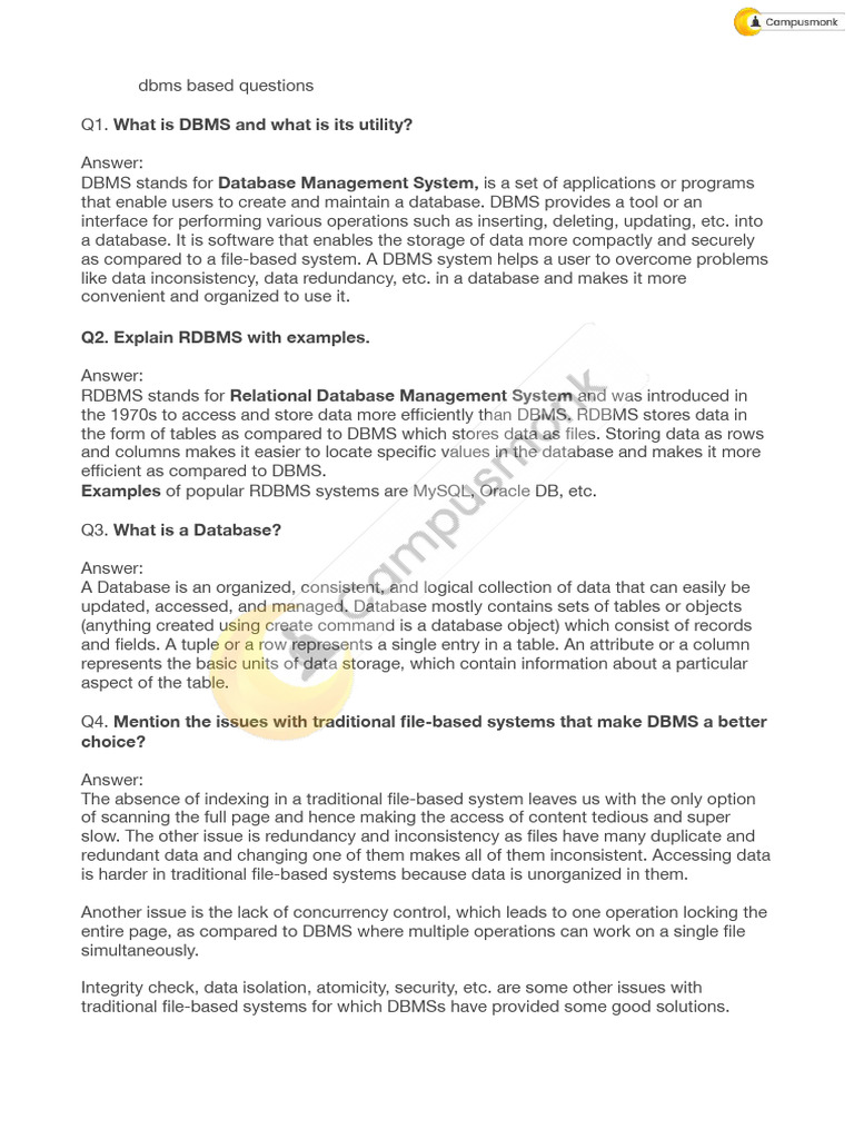 DBMS Interview Questions | PDF | Databases | Relational Database DBMS Interview Questions | PDF | Databases | Relational Database