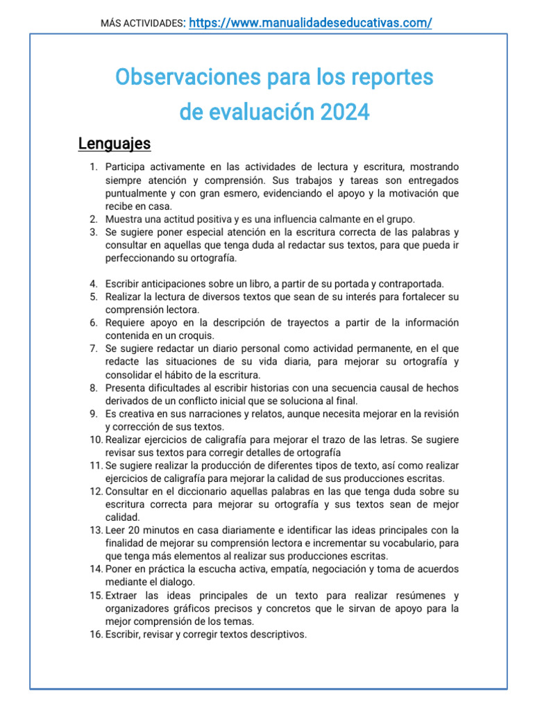 Observaciones para Boletas de Evaluación 2024 | PDF | Comprensión ...