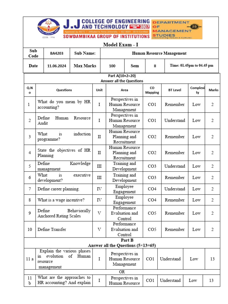 Ba4203 HRM Model QP | PDF | Human Resource Management | Human Resources