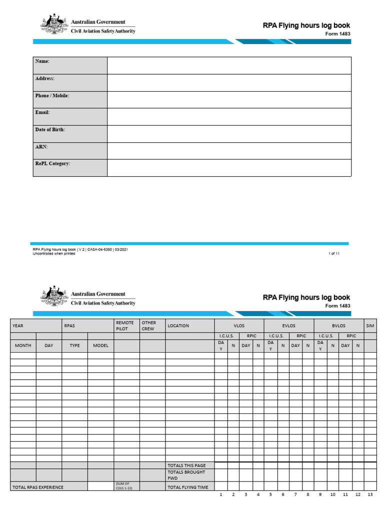 rpa-flying-hours-log-book-form-1483 | PDF | Unmanned Aerial Vehicle ...