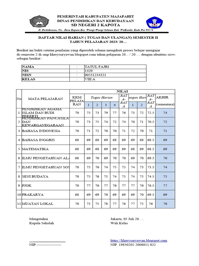 Daftar Nilai Sementara Siswa Pindah Sekolah Terbaru Pdf