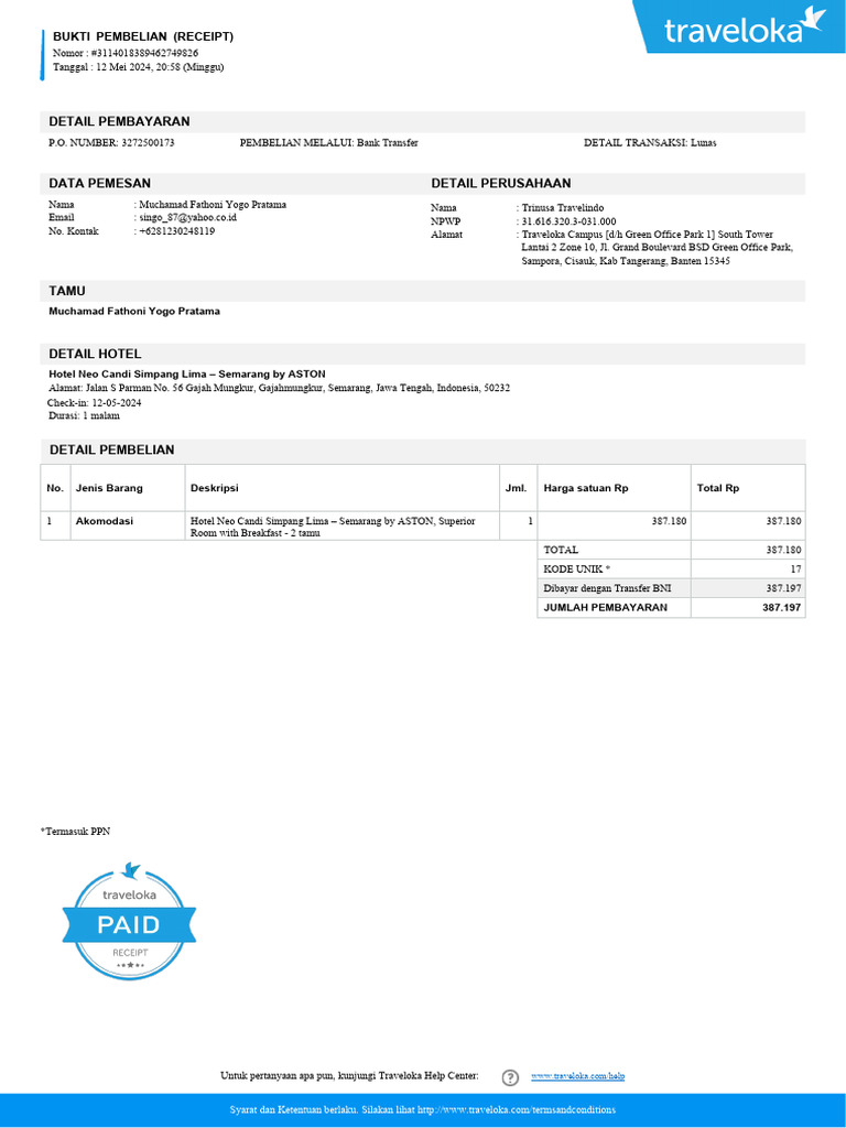 Bukti Pembelian Hotel Traveloka | PDF