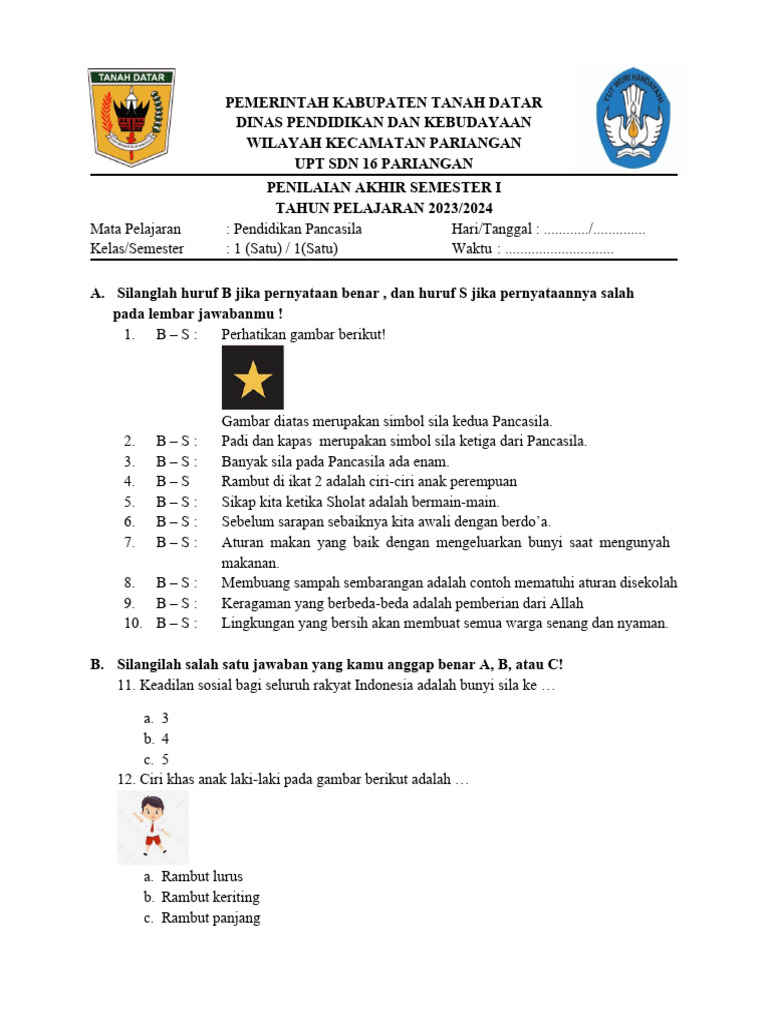 Soal Pas PKN Kelas 1 | PDF