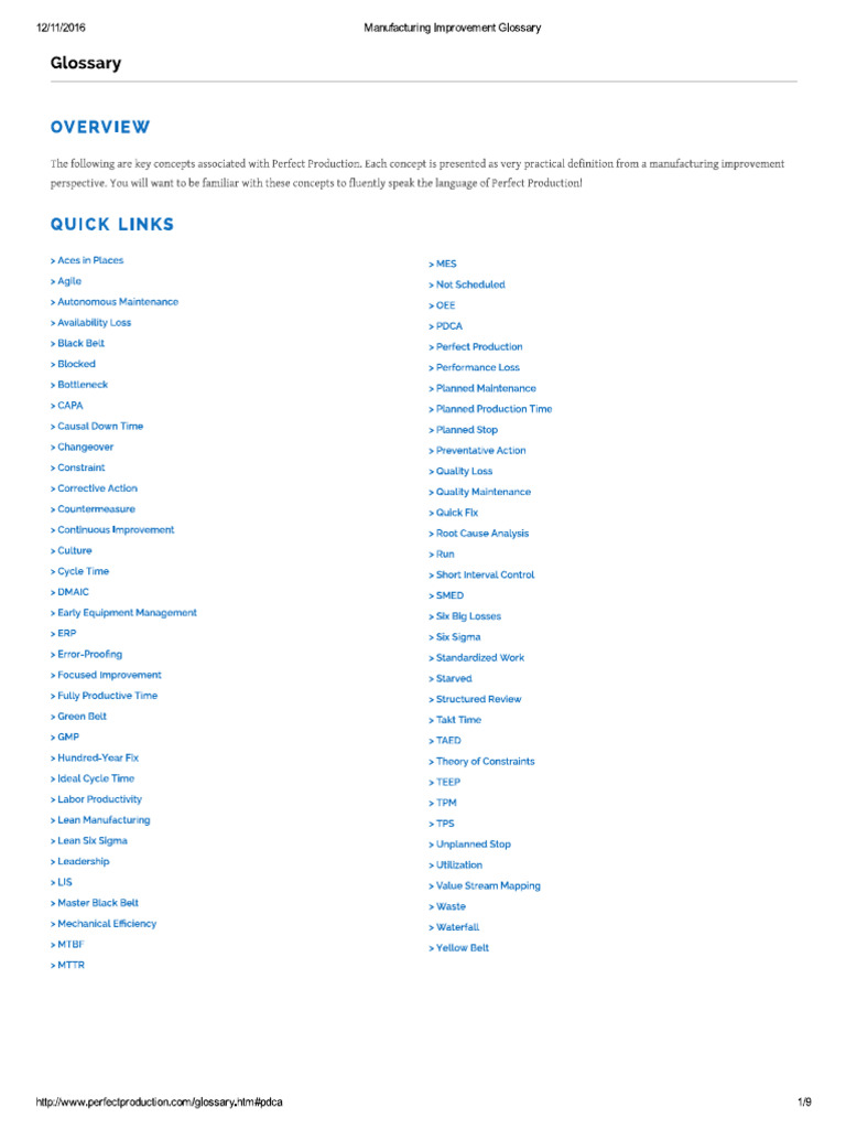 Manufacturing Improvement Glossary | PDF