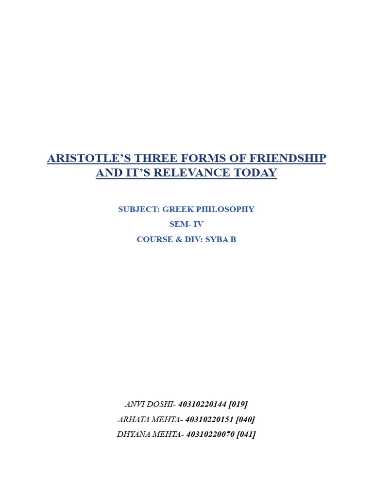 Aristotle's Three Forms of Friendship and It's Relevance Today | PDF | Friendship | Virtue