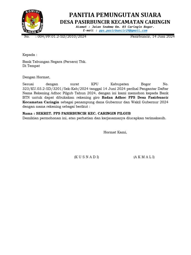 Permohonan Rekening Adhoc Pilgub Cisalopa | PDF