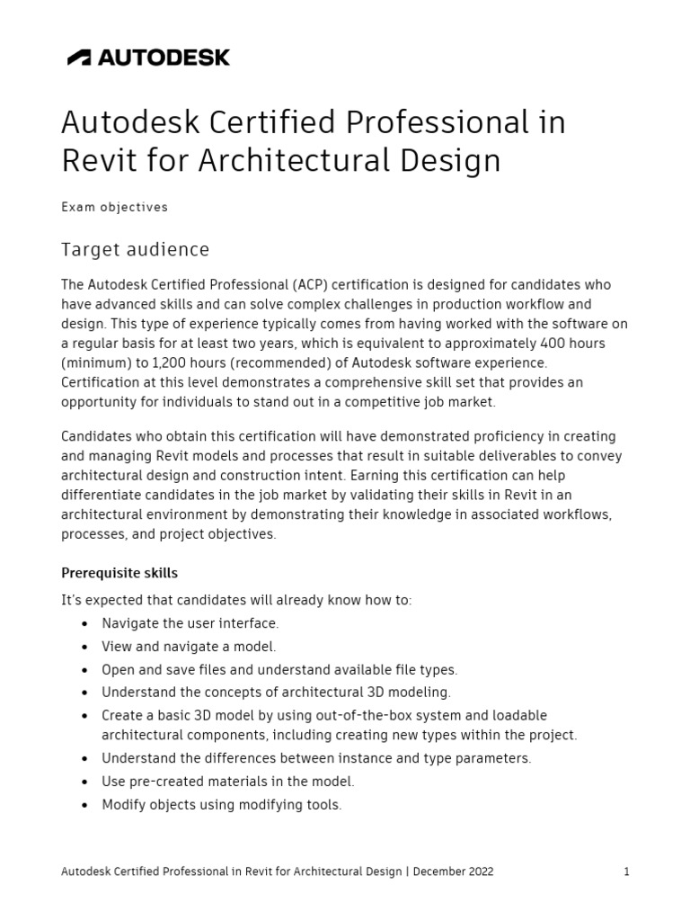 ACP Revit For Architectural Design Exam Objectives December 2022 ...