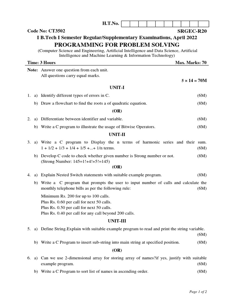 Apr 2022 Programming For Problem Solving Pdf Computer Programming Computing 