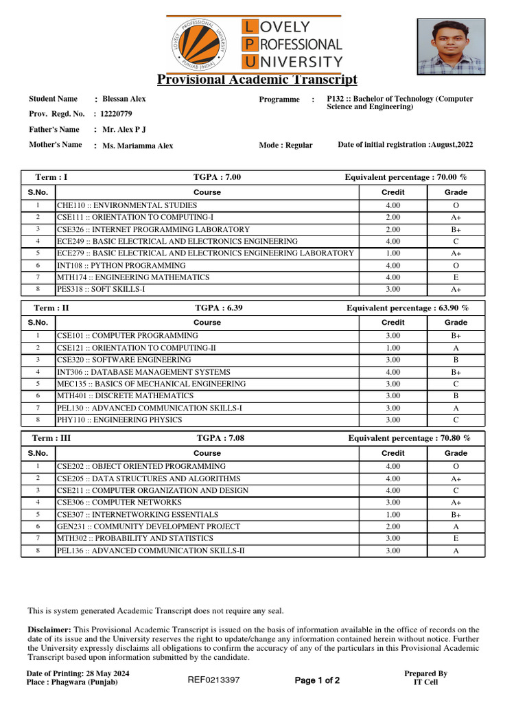 Academic Transcript | PDF | Engineering | Electronic Engineering