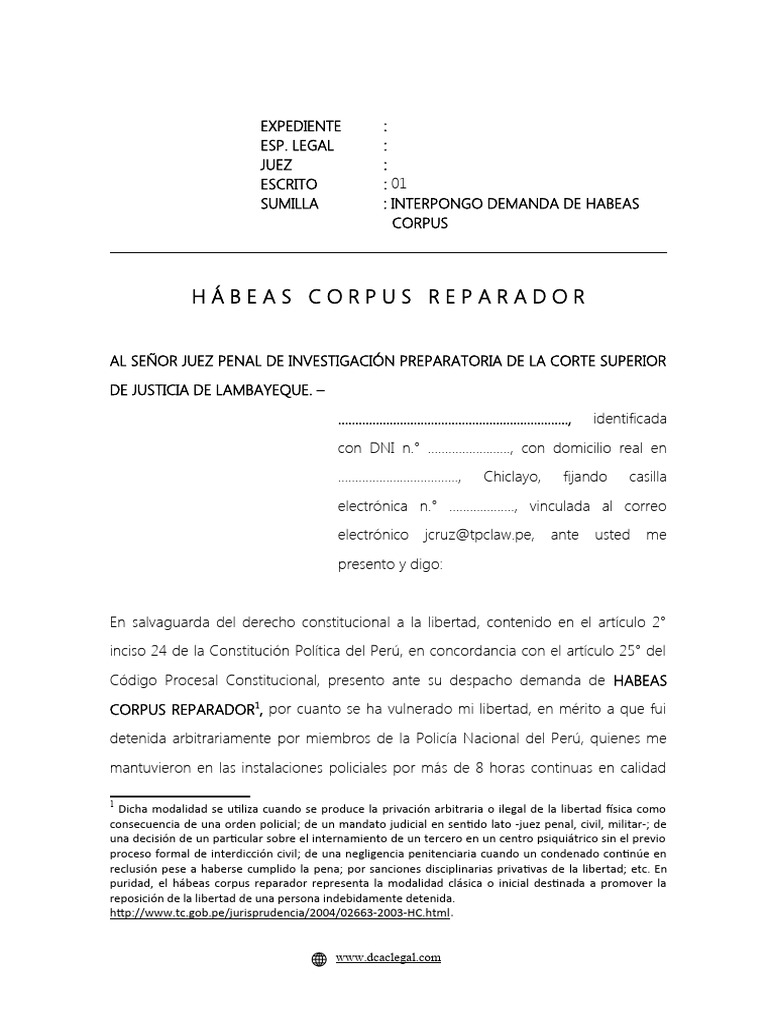 Demanda de Habeas Corpus Reparador | PDF | Habeas corpus | Ley común