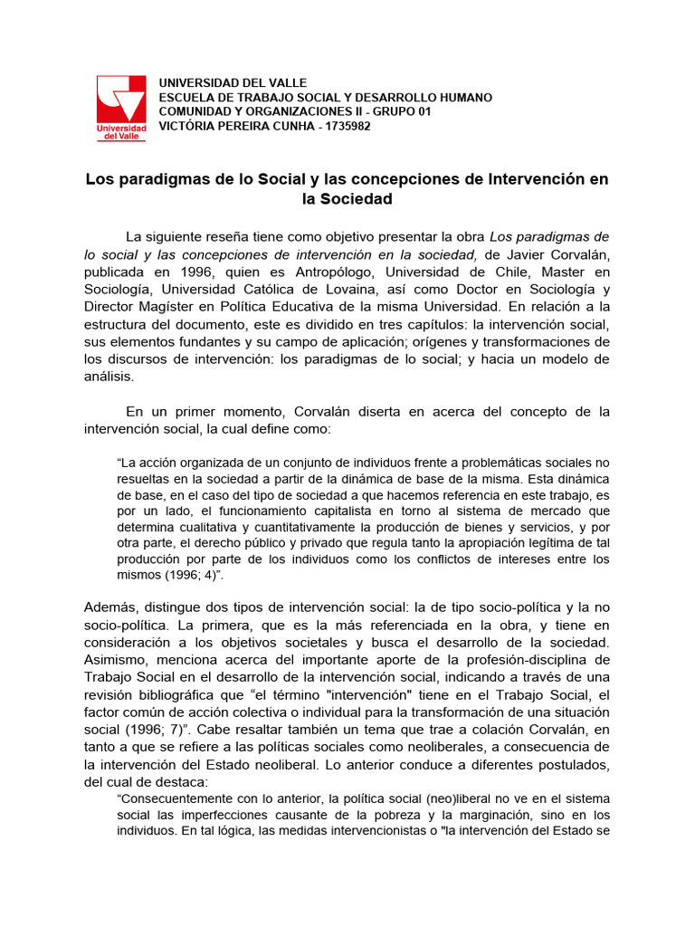 Los Paradigmas de Lo Social y Las Concepciones de Intervención en La ...