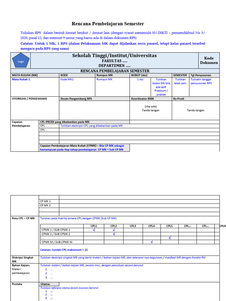 1.-FORM-RPS-Rencana-Pembelajaran-Semester Blanko | PDF
