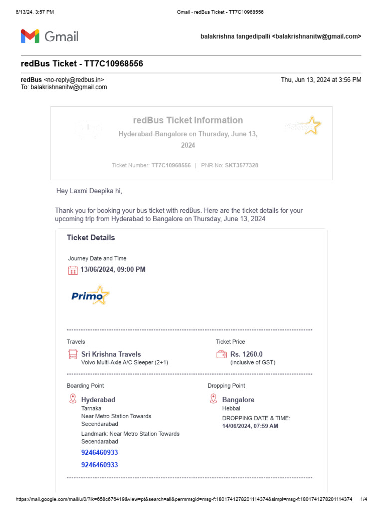 Gmail - Redbus Ticket - TT7C10968556 | PDF | Bus | Service Industries
