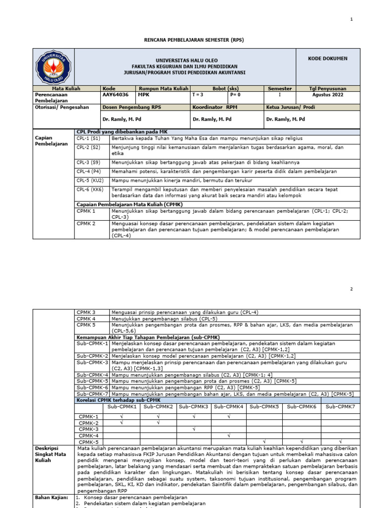 RPS Perencanaan Pembelajaran | PDF