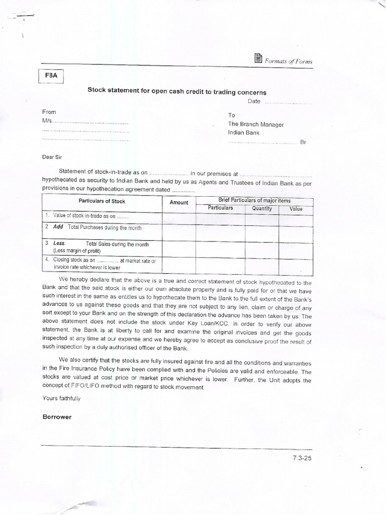 Stock Statement Indian Bank | PDF