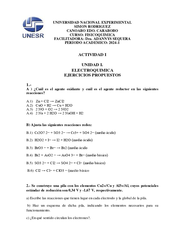 Ejercicios Electroquimica Propuestos (Resolver) | PDF | Redox | Fenómenos científicos